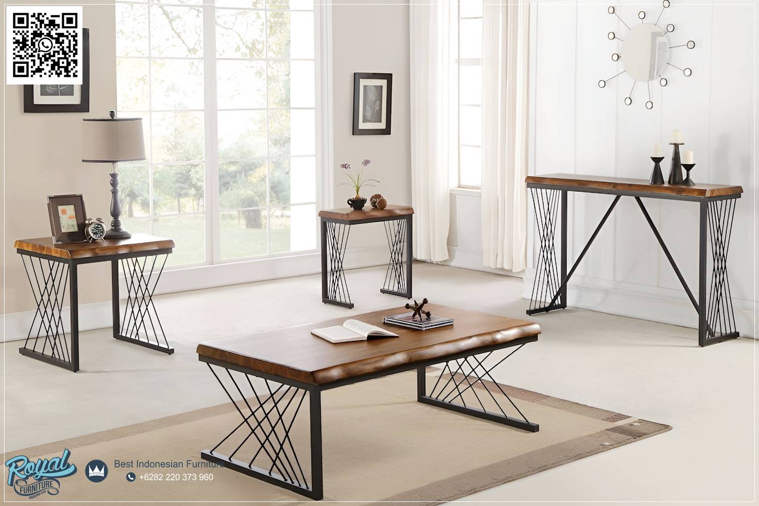 Coffe Table 1 Set Meja Trembesi Kaki Besi Industrial Steel