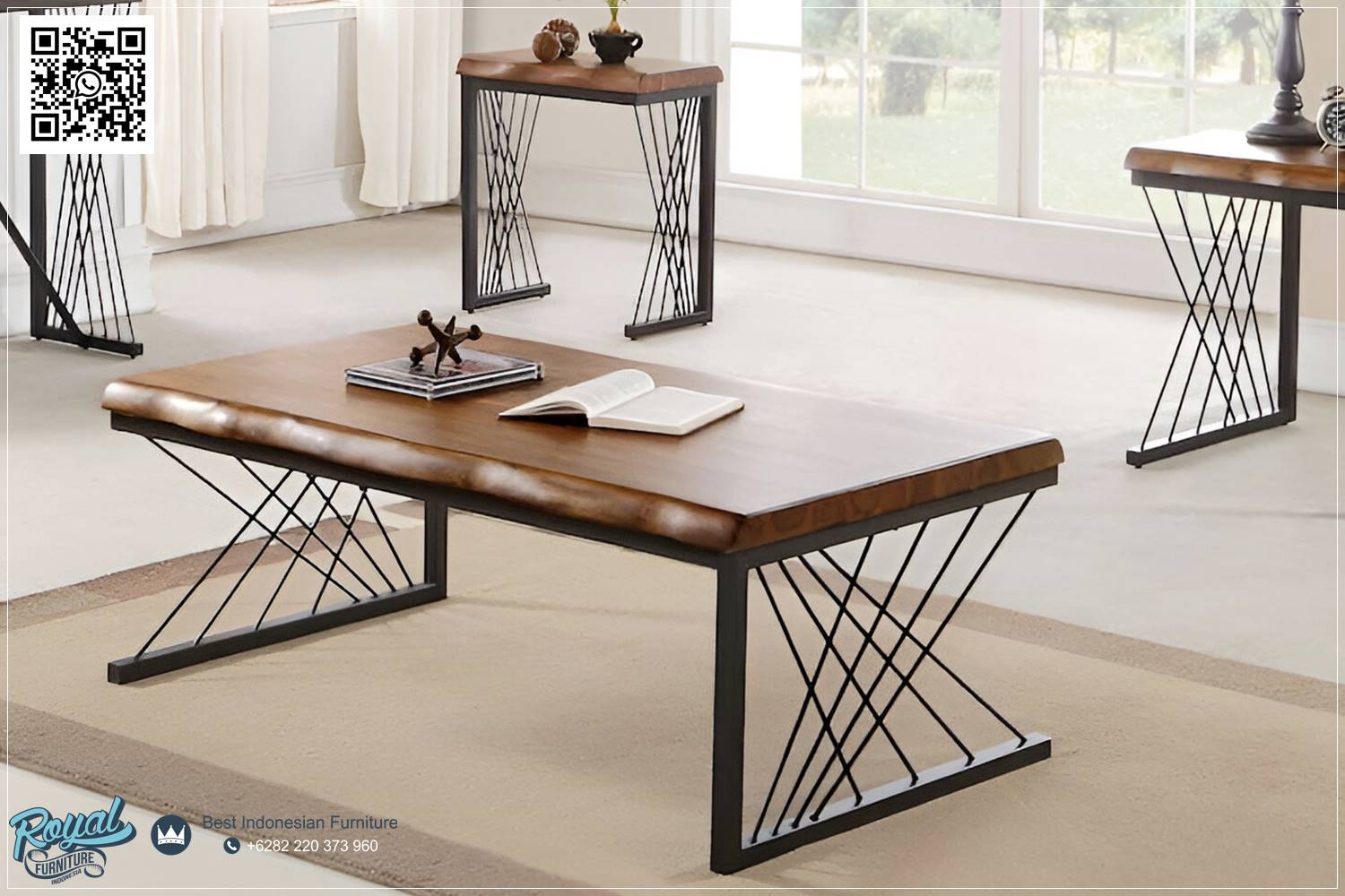 Coffe Table 1 Set Meja Trembesi Kaki Besi Industrial Steel