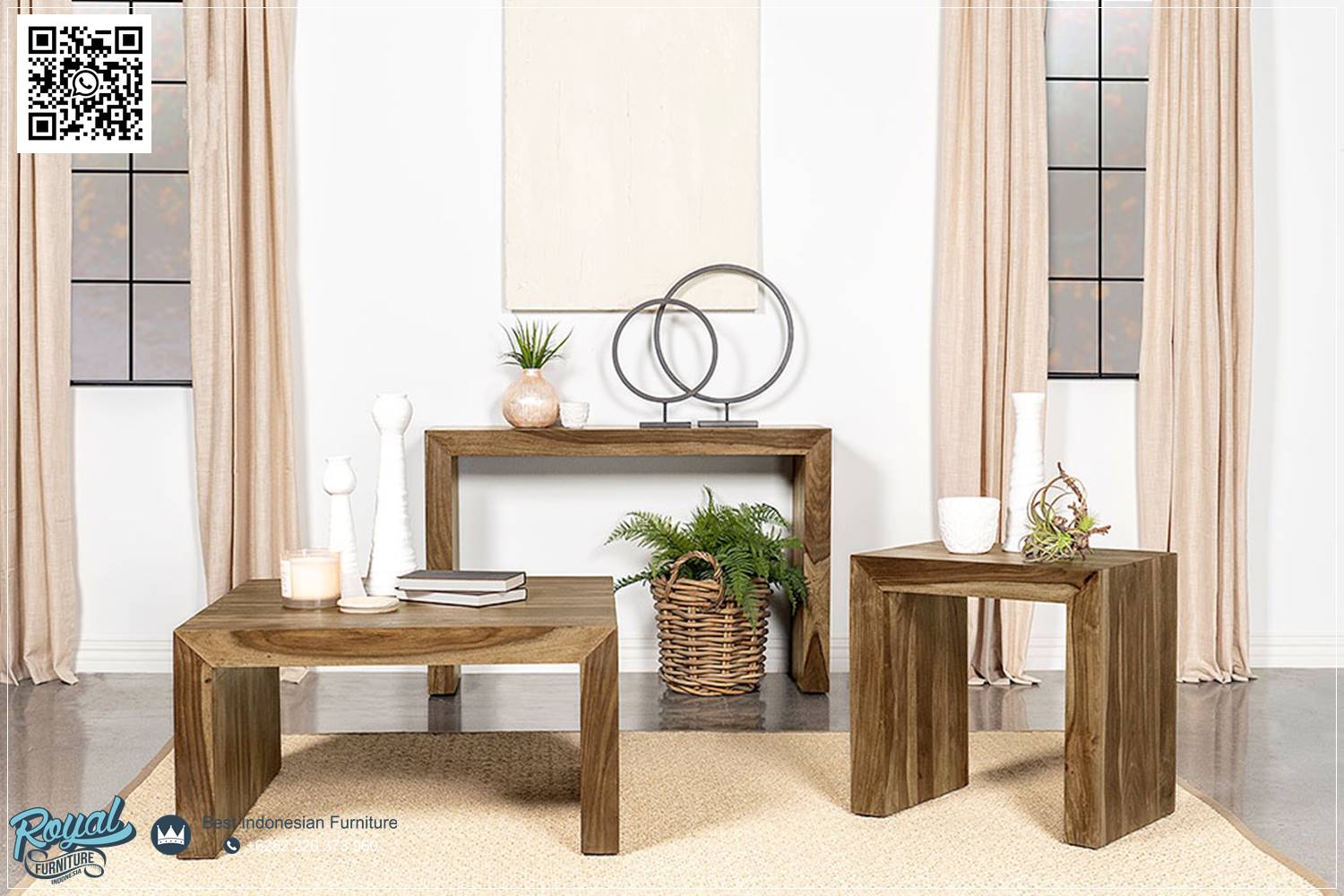 Meja Set Ruang Tamu Kayu Solid Trembesi Minimalis 100% Asli